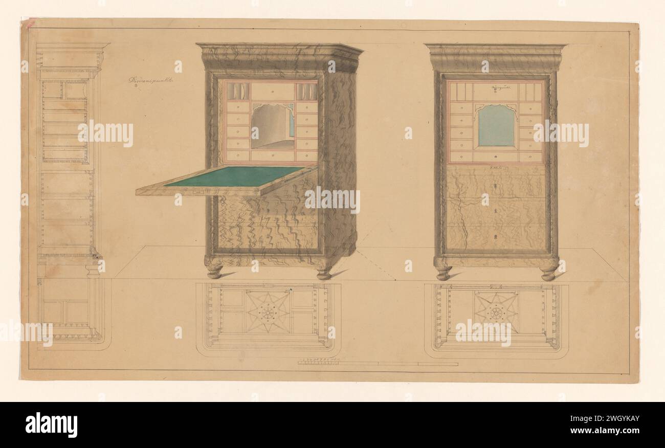 Design for a secretary, side, three-quarters and frontal views, with ...