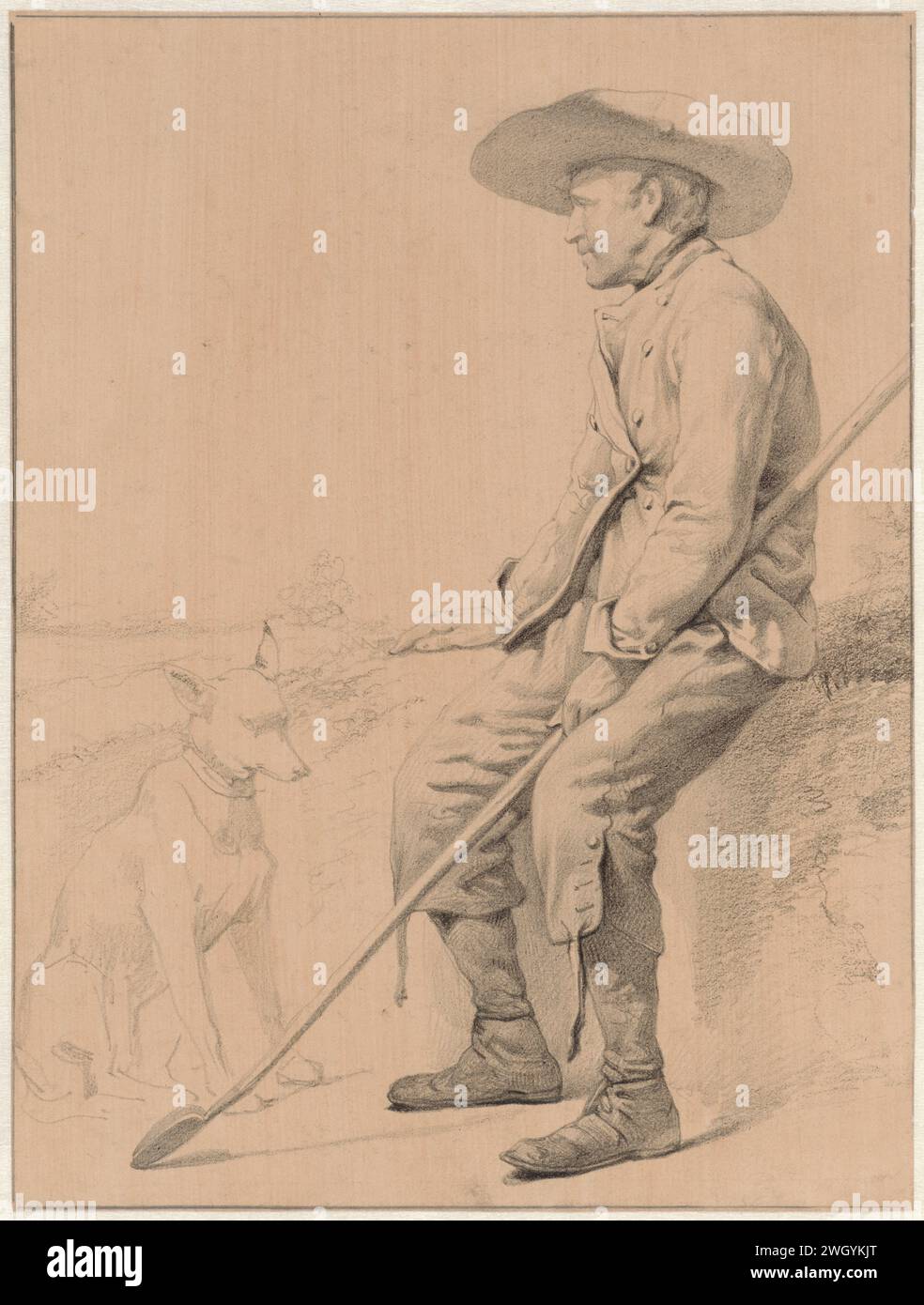 Seated shepherd with dog, Jozef Hoevenaar, 1850 - 1926 drawing prepared ...