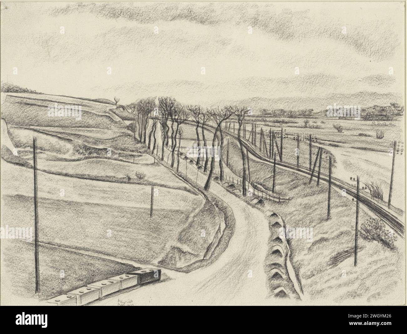 Hilly landscape with road and railway line, Henk Henriët, 1931 drawing ...
