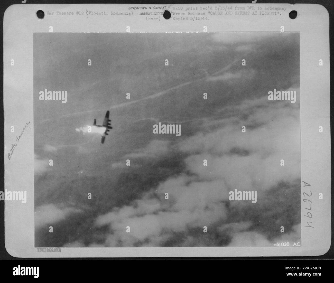 B-17 shot down by anti-aircraft fire over Ploiești, Romania Stock Photo ...