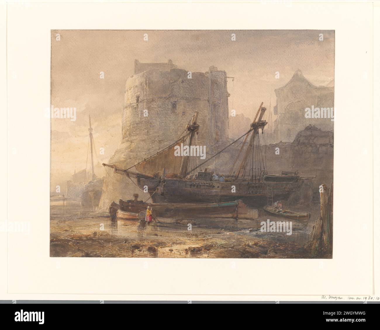 Ships at low tide in a French harbor, Wijnand Nuijen, 1836 drawing ...