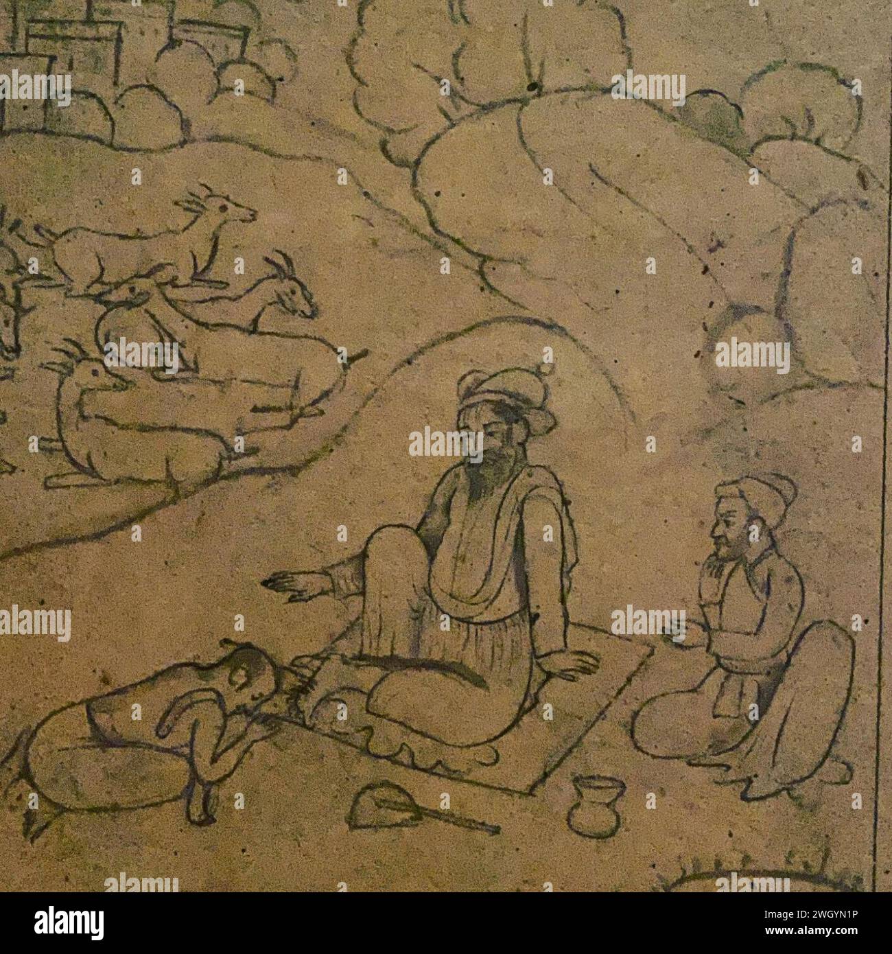 Baba Buddha, as a young boy, seeks the blessings of Guru Nanak Stock ...