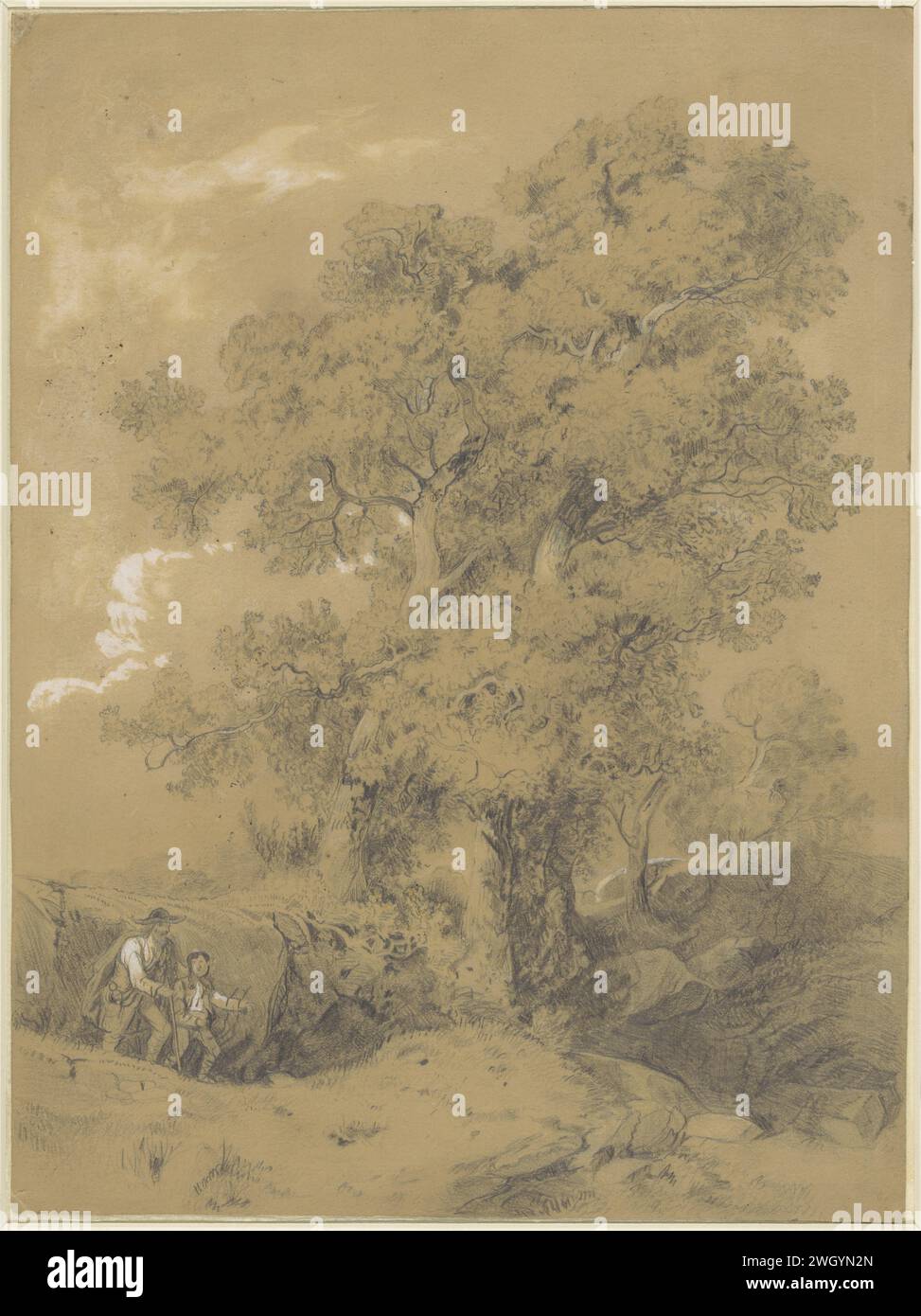 Blind man is led by a boy in a landscape with large oak trees, Ludwig ...