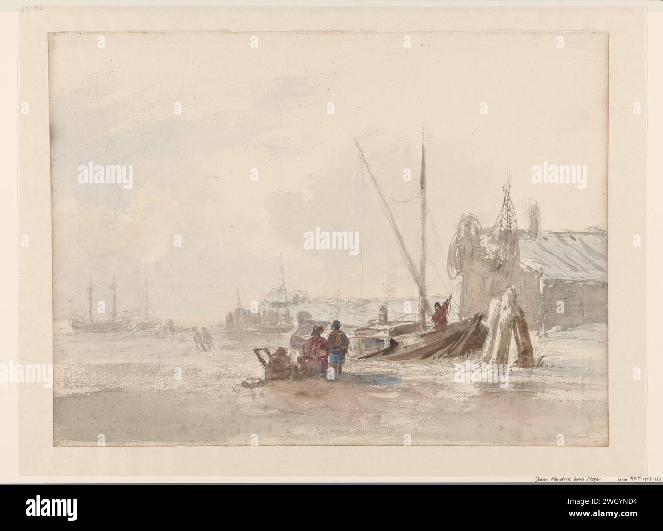 Beach face with fishermen near a boat in the foreground, Louis Meijer ...