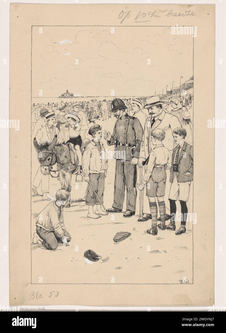Police officer admonishes a boy on the beach, D. fell, c. 1915 - c ...