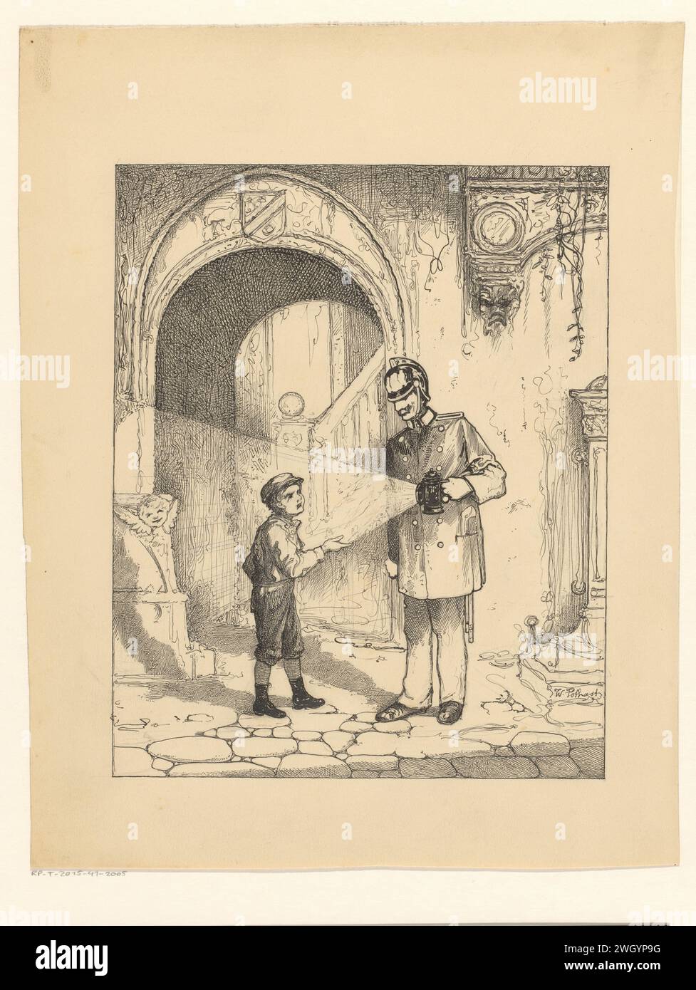 Boy and policeman on a street, Willem Pothhast, 1887 - 1916 drawing A ...