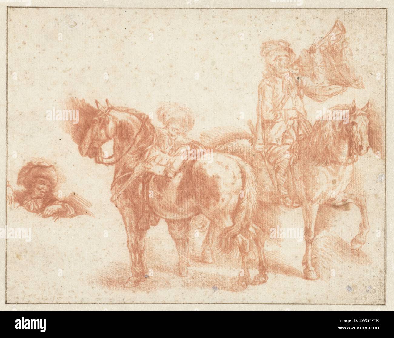 Mounted Trumpeter and Another Man about to Mount his Horse, with an ...