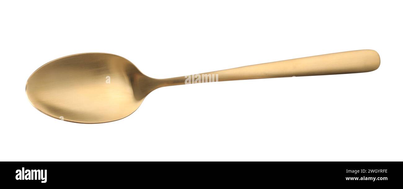 One shiny golden spoon isolated on white, top view Stock Photo - Alamy