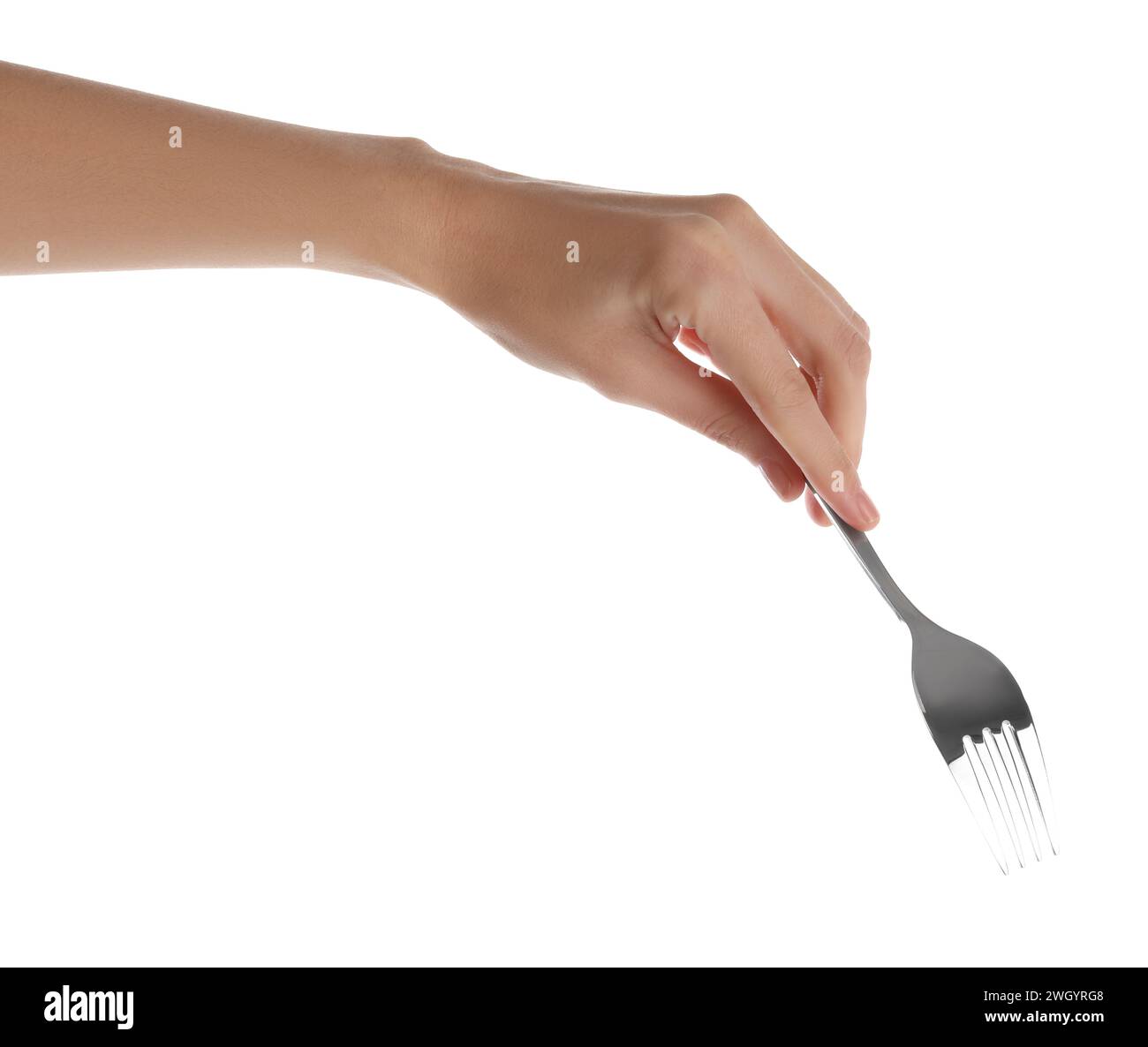 Woman with shiny silver fork on white background, closeup Stock Photo ...