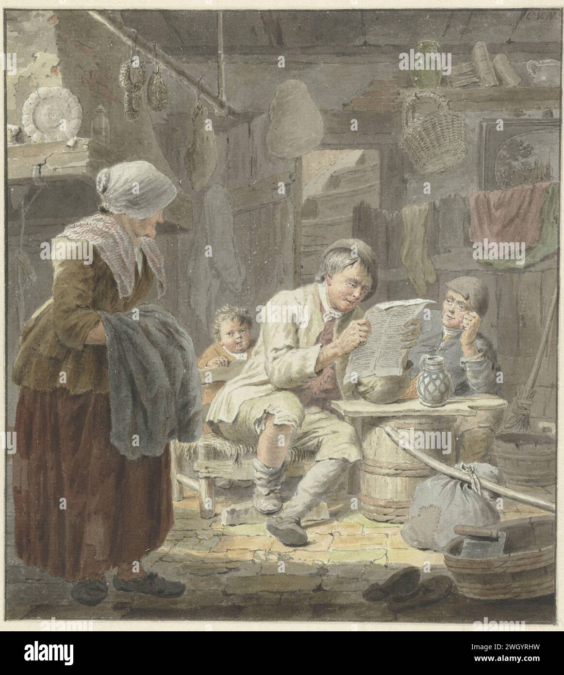 De Krant reader, Cornelis van Noorde, 1741 - 1795 drawing paper ...