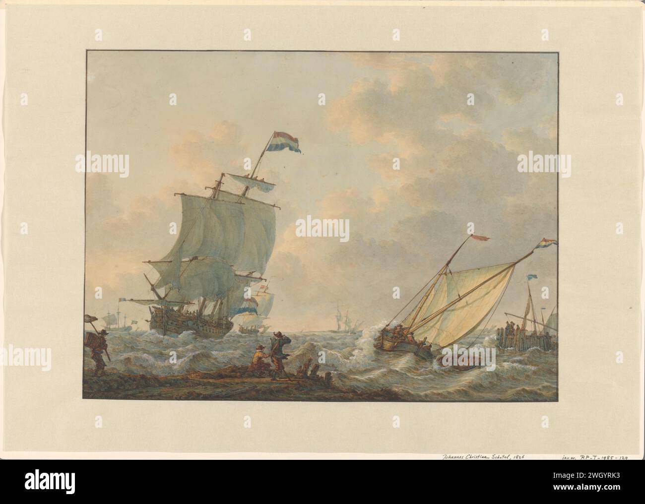 Sailing ships on turbulent water, Johannes Christiaan Schotel, 1816 ...