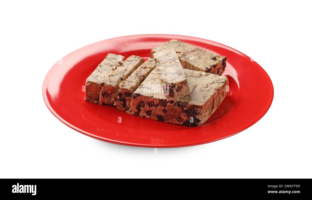 Pieces of tasty chocolate halva isolated on white Stock Photo - Alamy