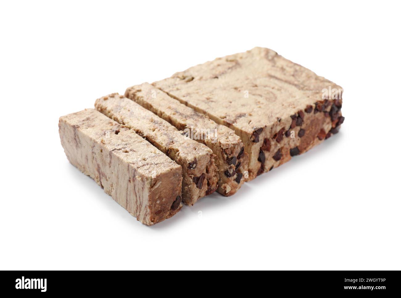 Pieces of tasty chocolate halva isolated on white Stock Photo - Alamy