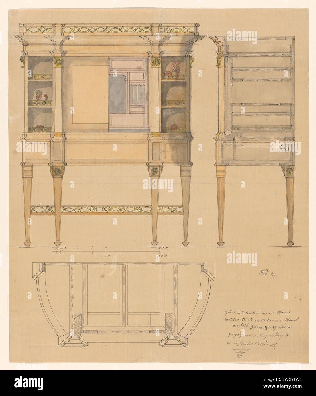 A ladies secretary, Johann Georg Weimar, 1816 drawing With a cross ...