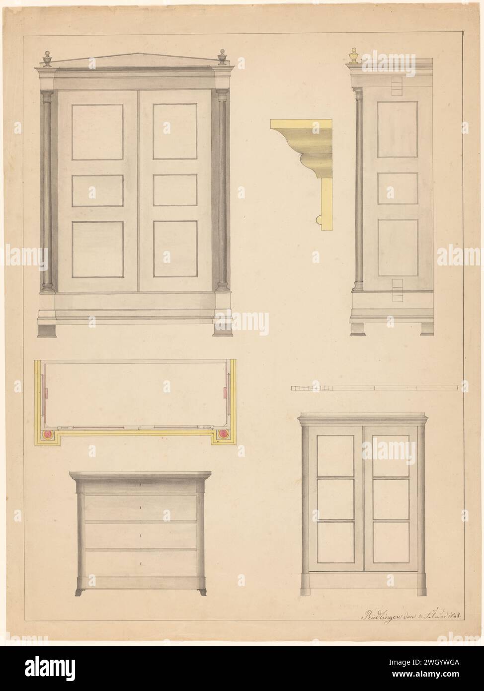 Design for a two -door cabinet with map and side view, a profile, a ...