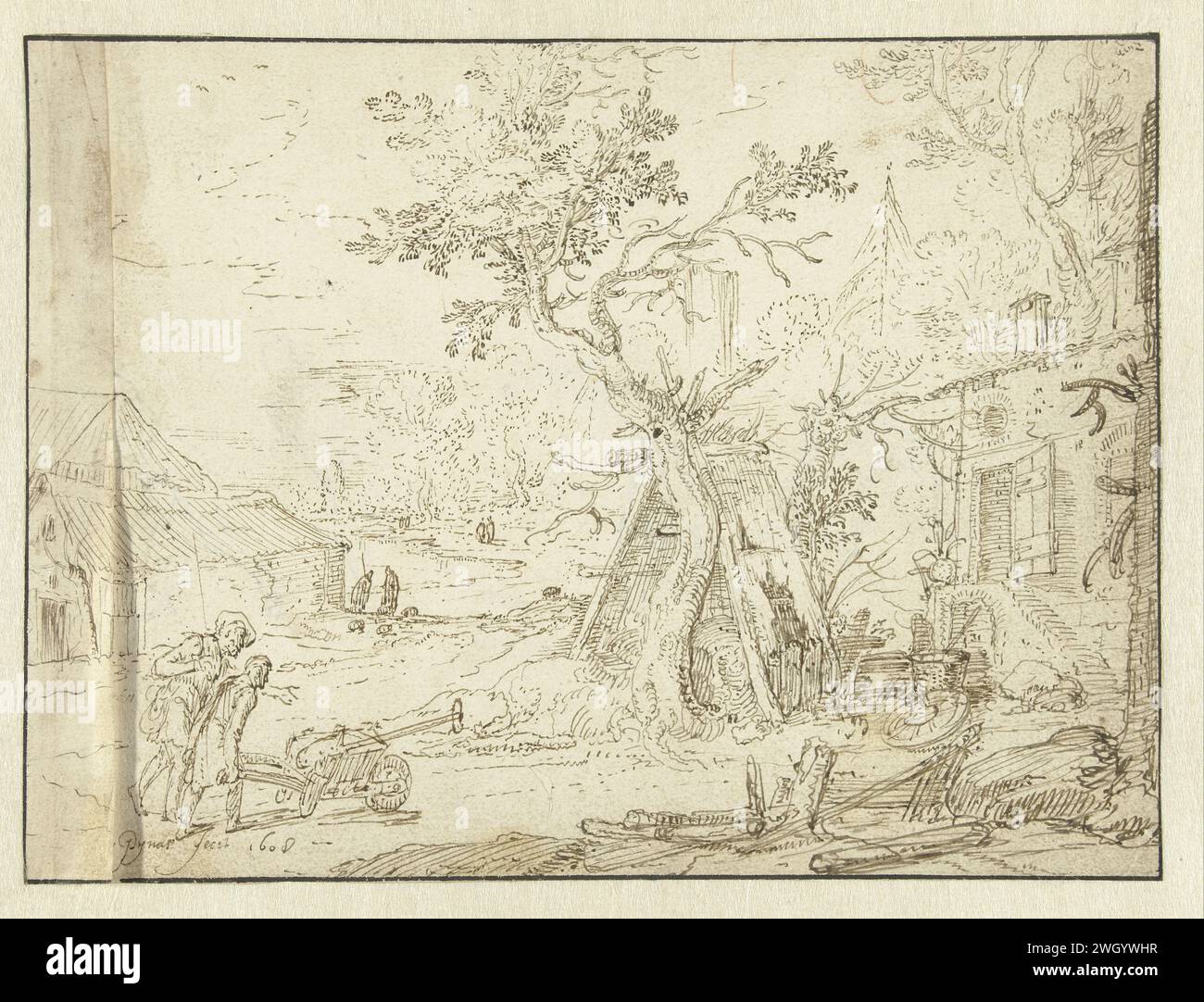 View of the yard of a farm, Jan Symonsz Pynas, 1608 drawing View of the ...