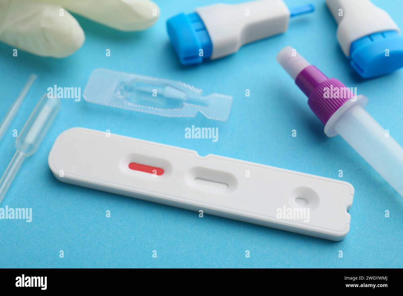 Covid-19 express test kit on light blue background, closeup Stock Photo ...