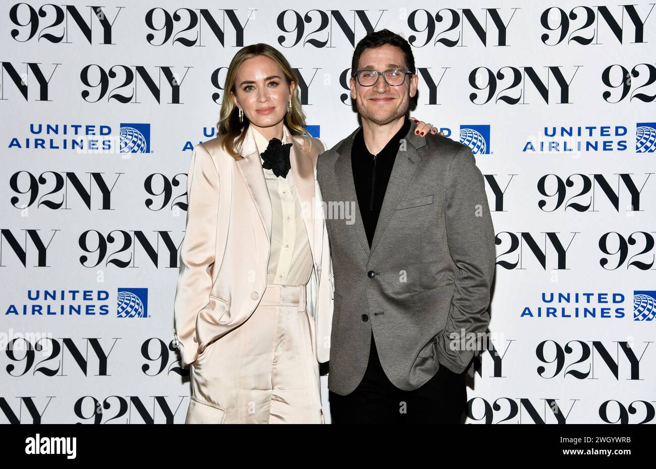 Emily Blunt, left, and moderator Josh Horowitz pose together backstage ...