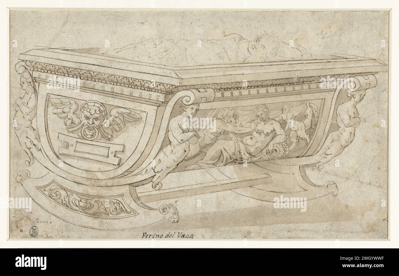 Design for a wooden cradle on two swing legs, Perino del Vaga (Circle ...