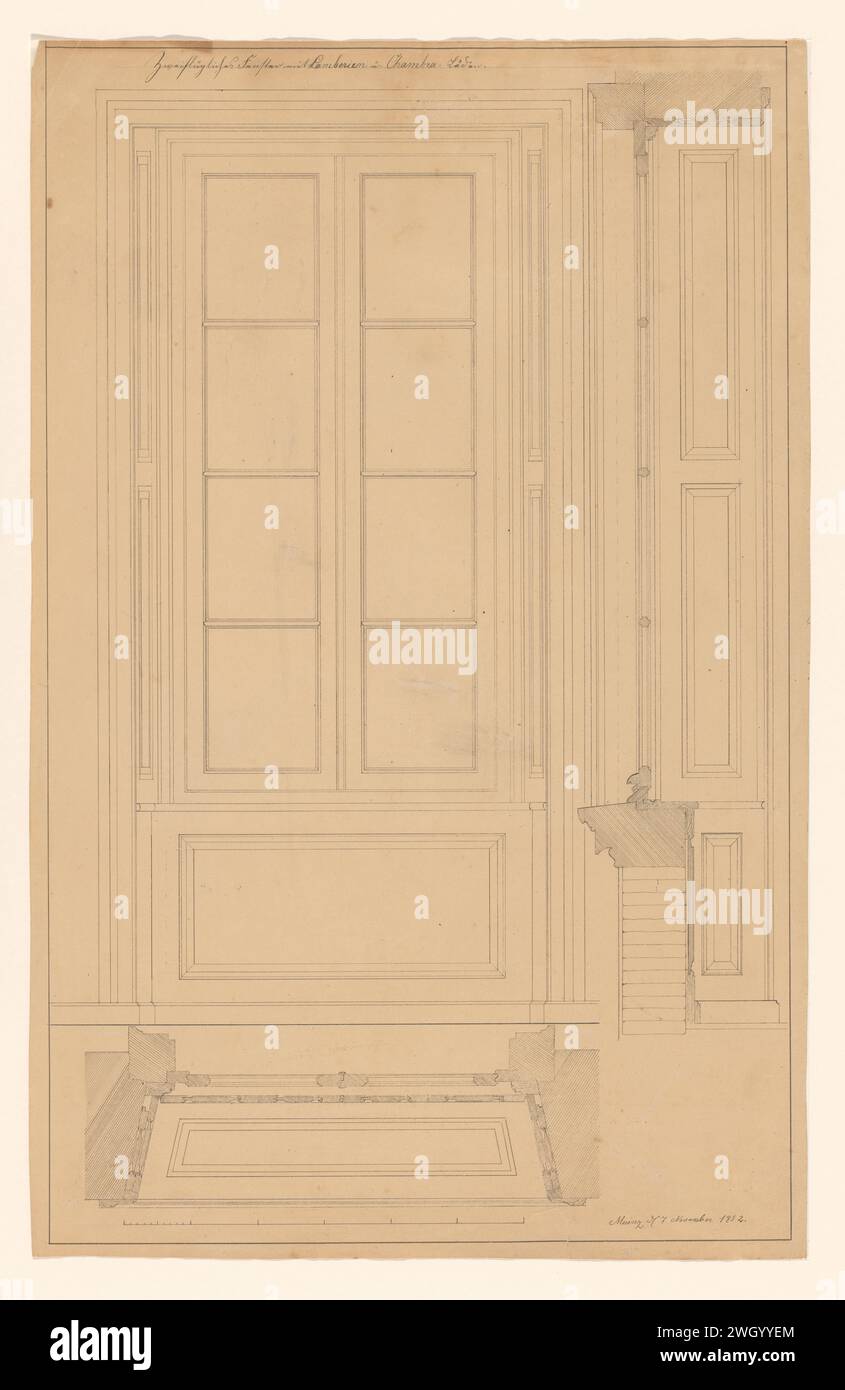 Design for a double window with paneling, with side view and map, B ...