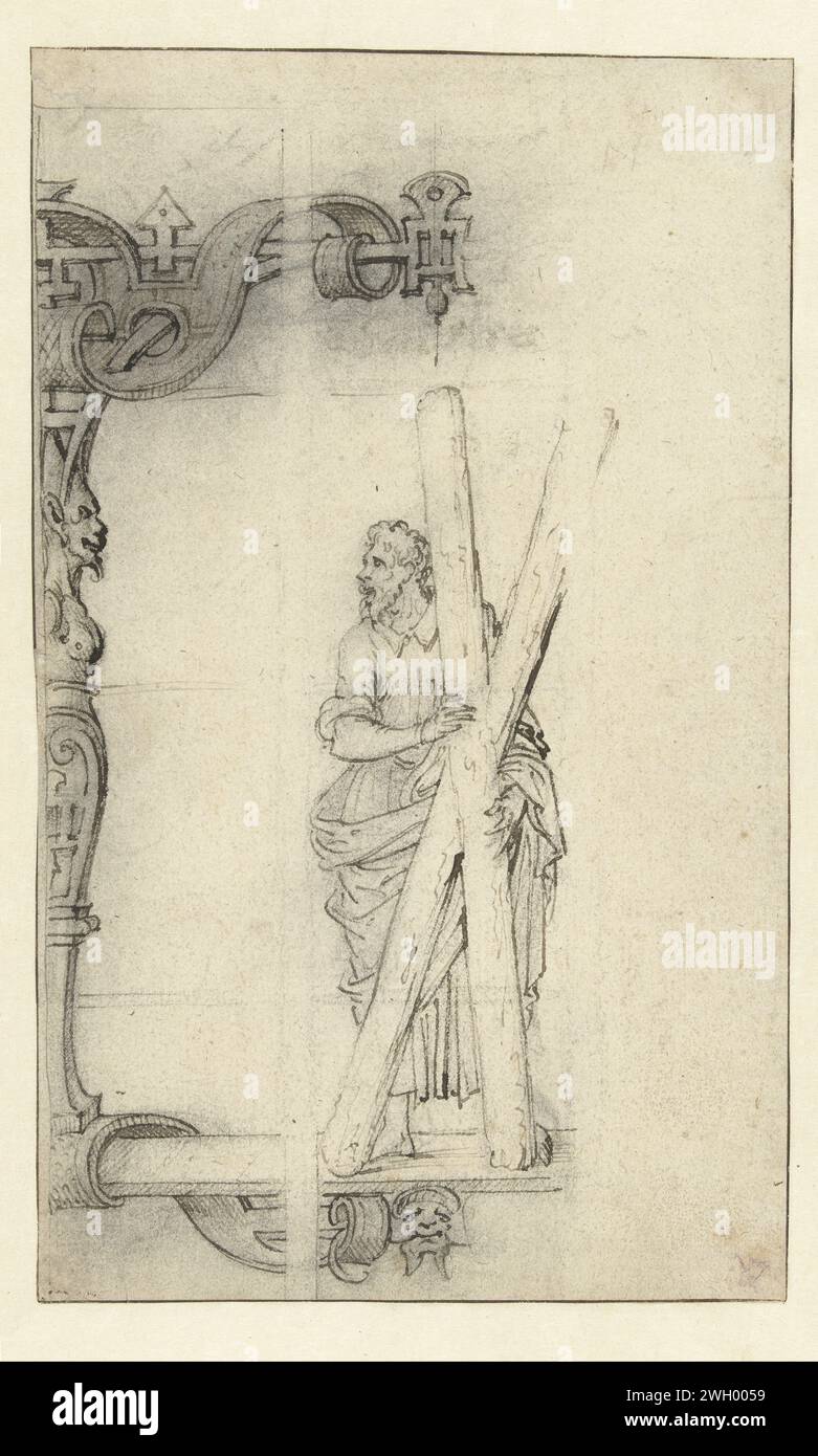 Design drawing for a stained glass window with the holy Andreas, Dirck ...