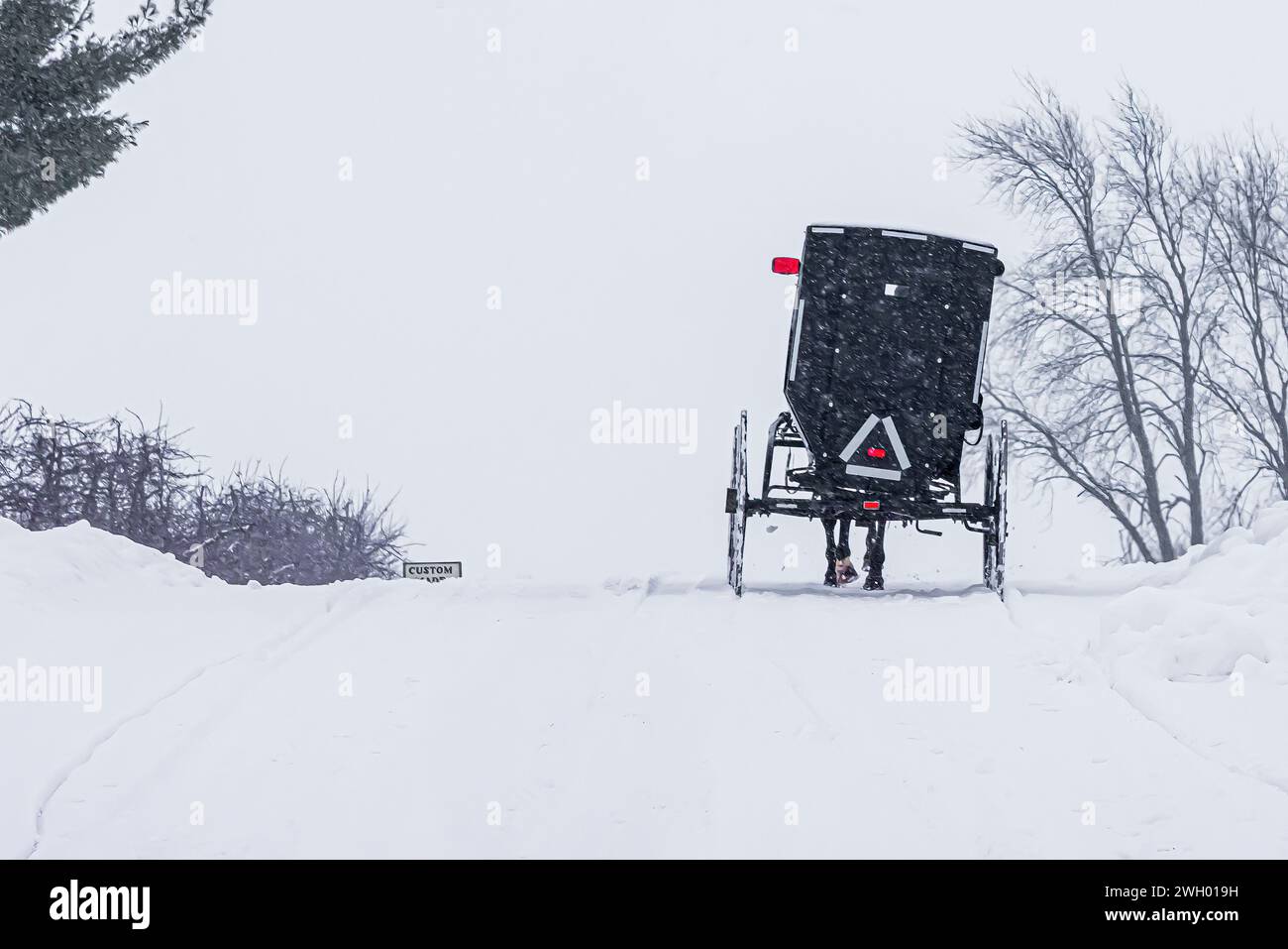 Amish buggy on a snow-covered road in winter in Mecosta County ...