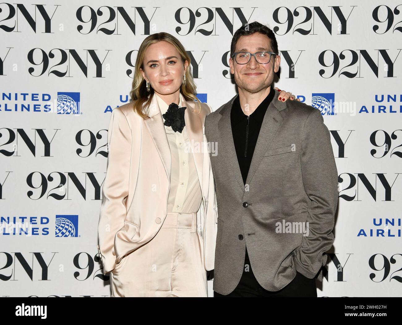 Emily Blunt, left, and moderator Josh Horowitz pose together backstage ...