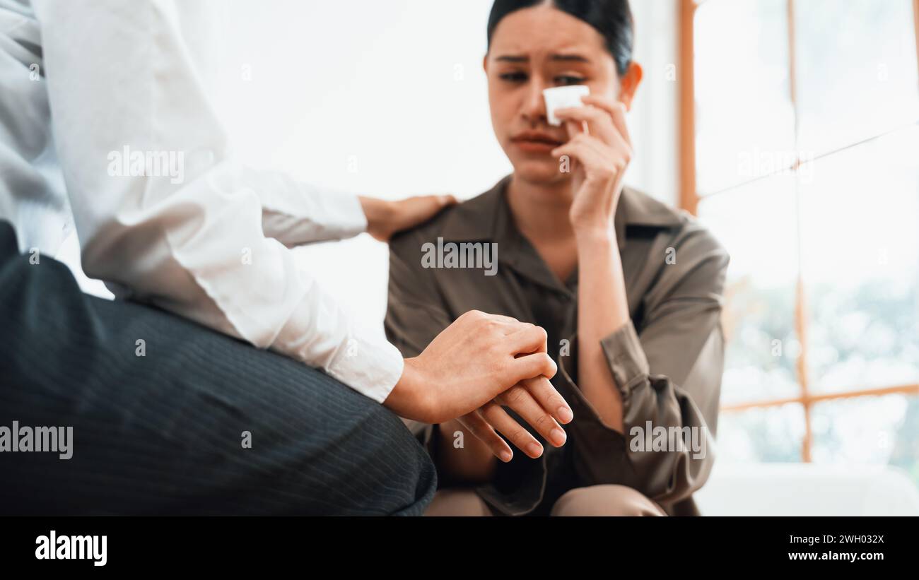 Sad PTSD woman patient in uttermost therapy for mental health with ...