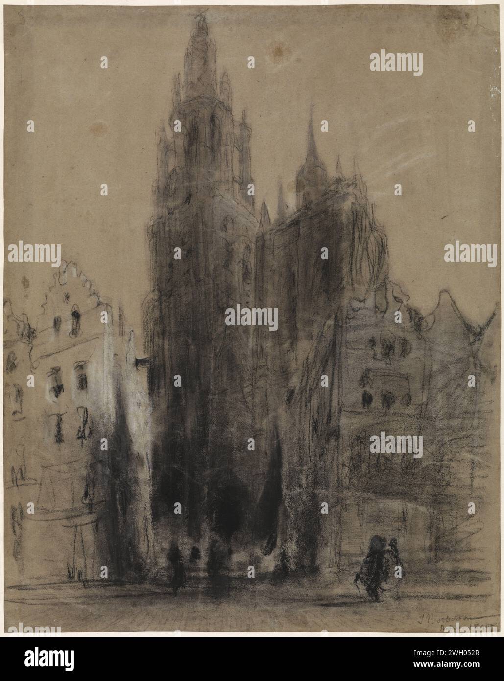 Our Lady Cathedral of Antwerp, 1890 drawing Antwerp paper. chalk Onze ...
