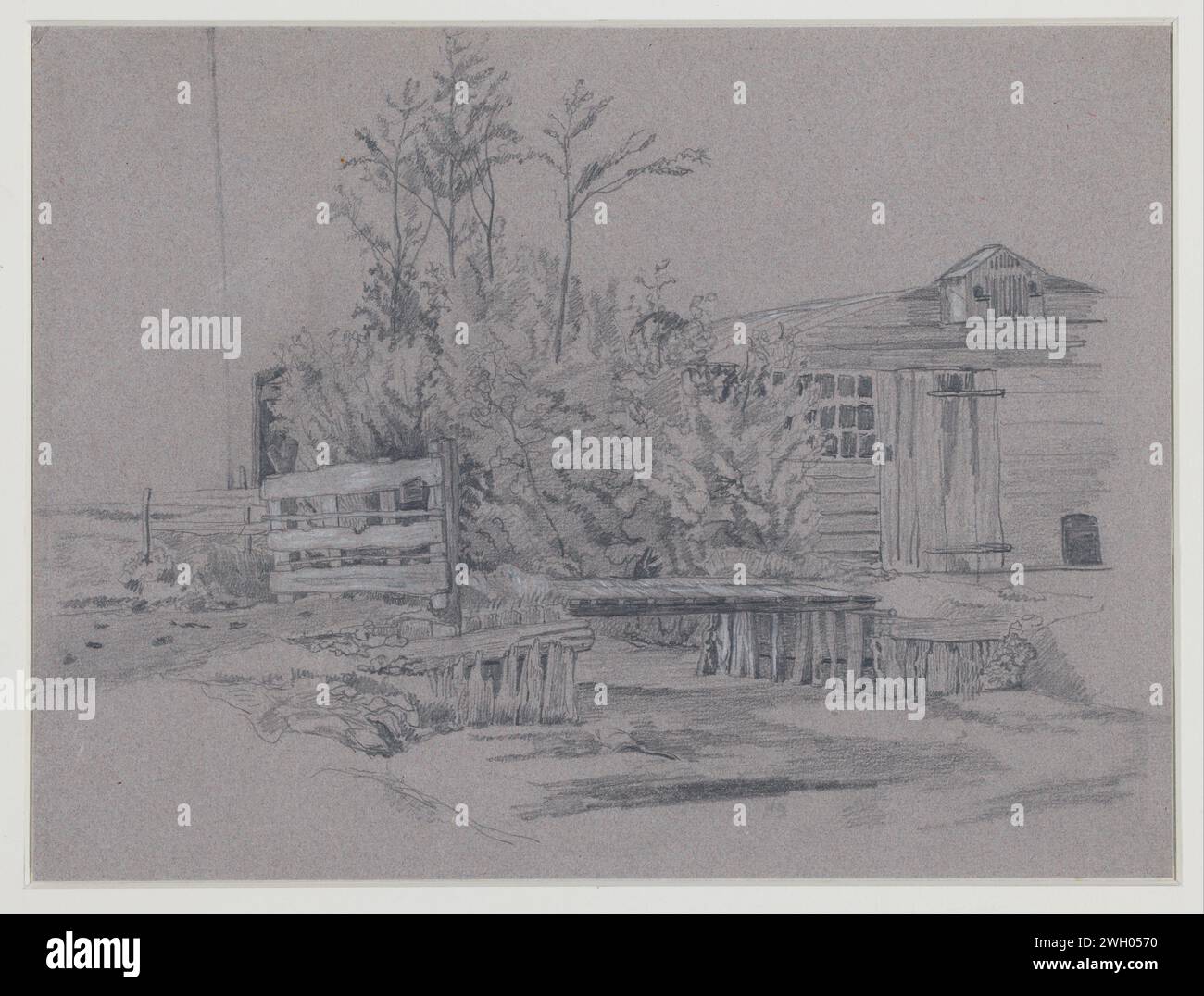 Landscape with a bridge and fence, on which a shed is reached ...