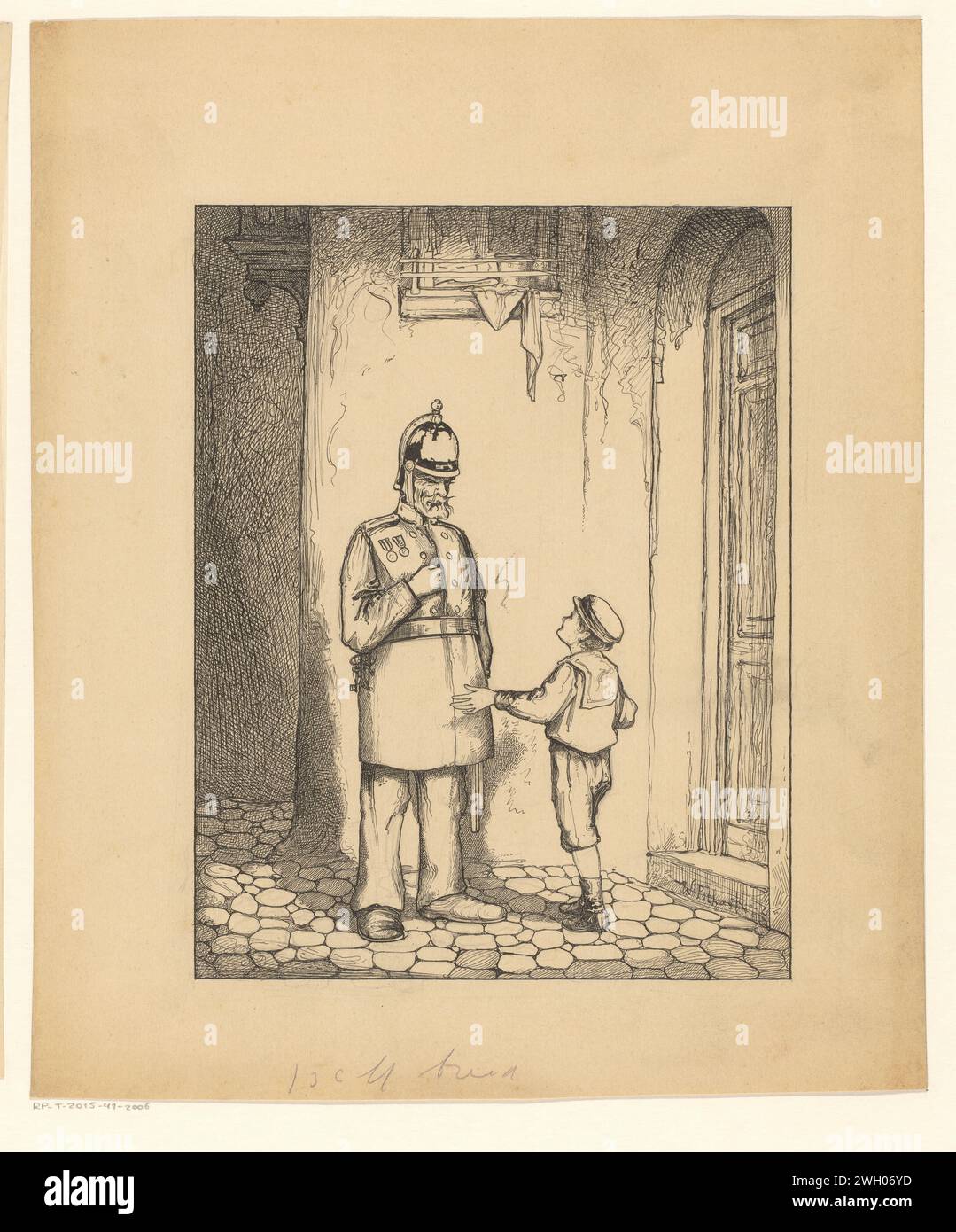 Boy and police officer at a door, Willem Pothhast, 1887 - 1916 drawing ...