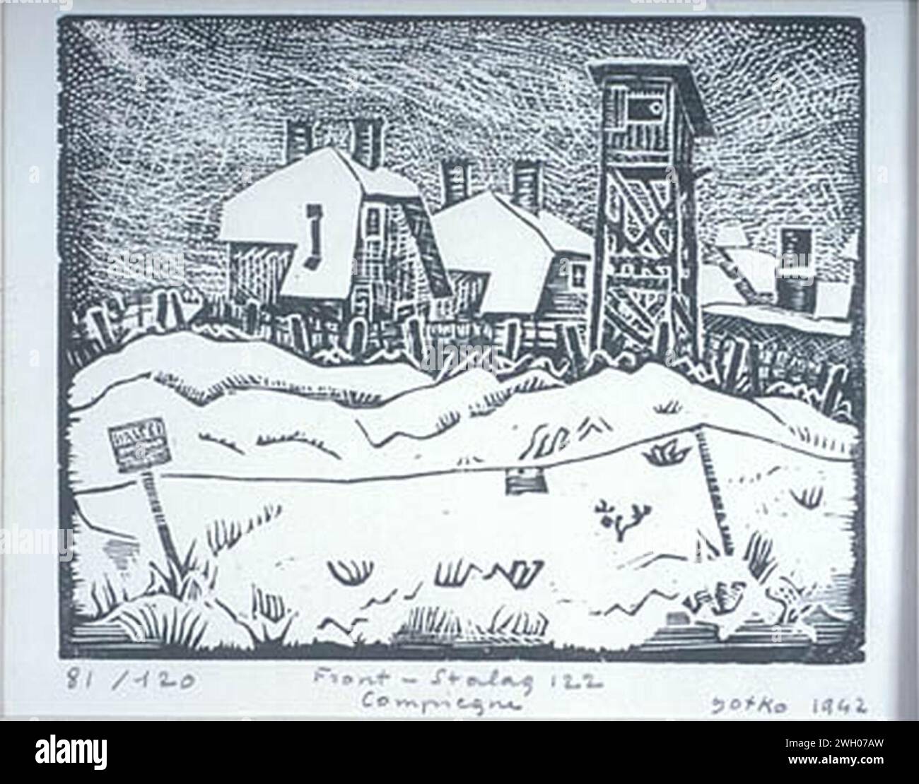 Barbed Wire Fence, Watch Tower and Barracks in Compiègne Stock Photo ...