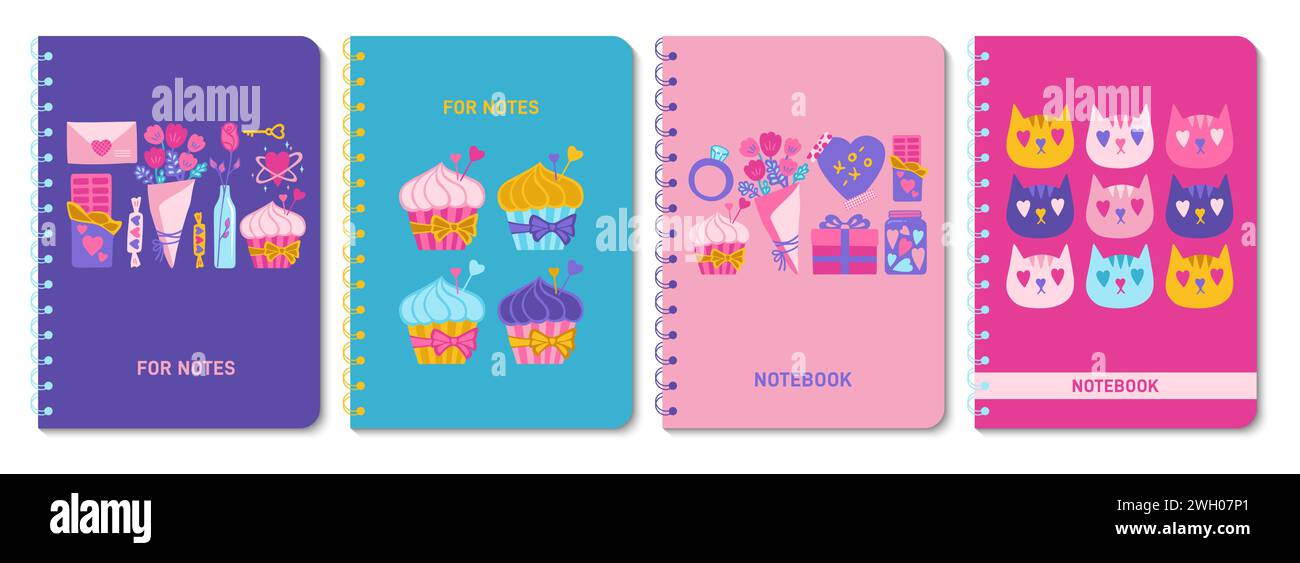 Notebook cover with Valentines Day elements set. Cartoon wedding and ...