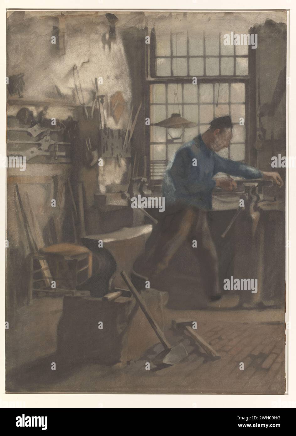 Smid in his blacksmith, Willem Witsen, 1870 - 1923 drawing cardboard ...
