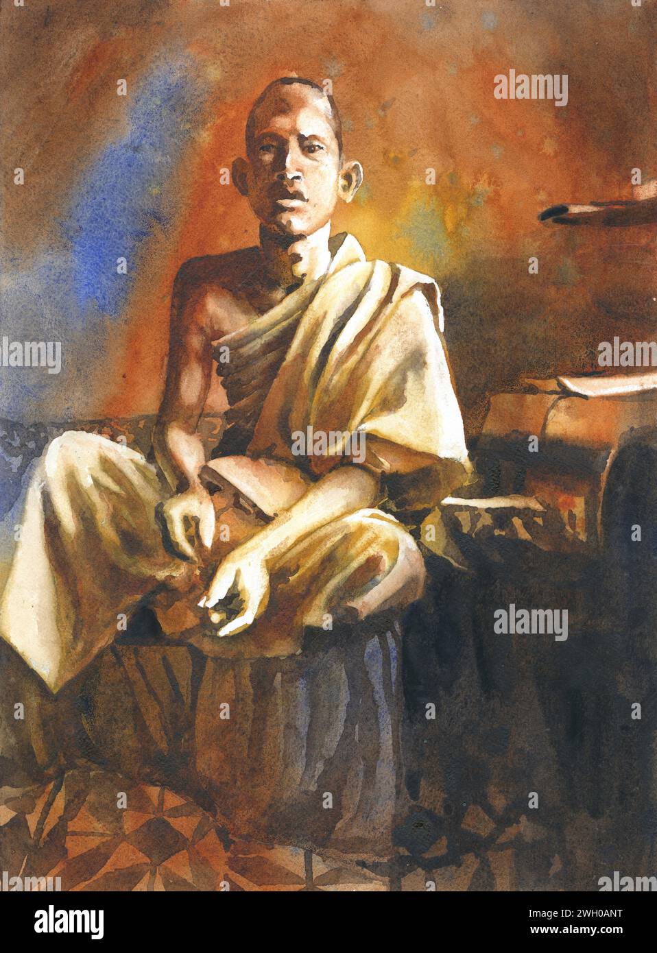 Watercolor painting Cambodian Buddhist monk Phnom Penh, travel ...