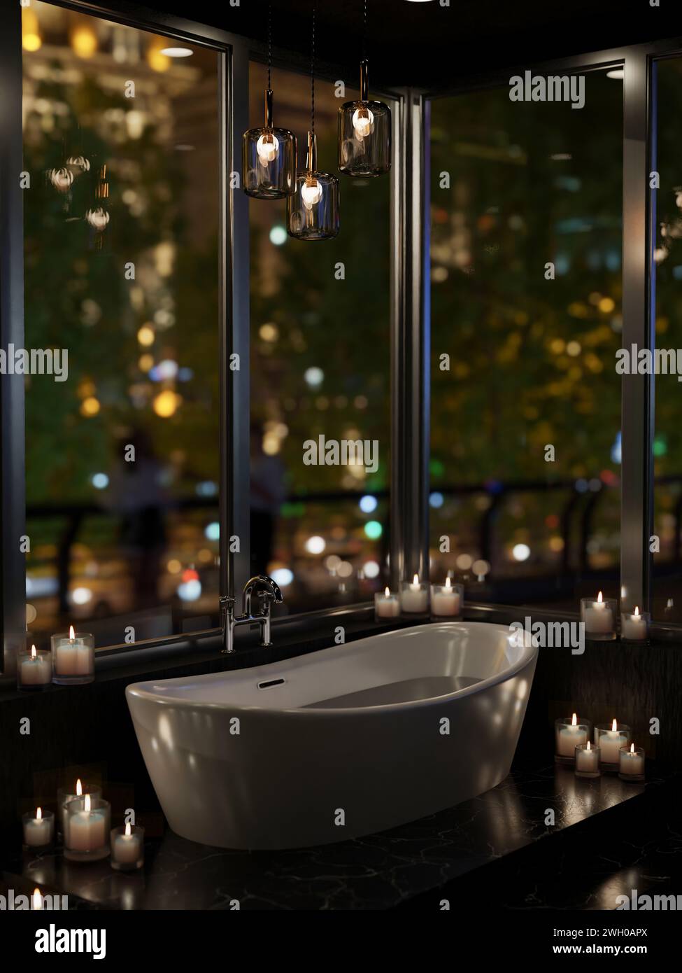 A luxury modern bathroom at night with a bathtub nearby the window and ...