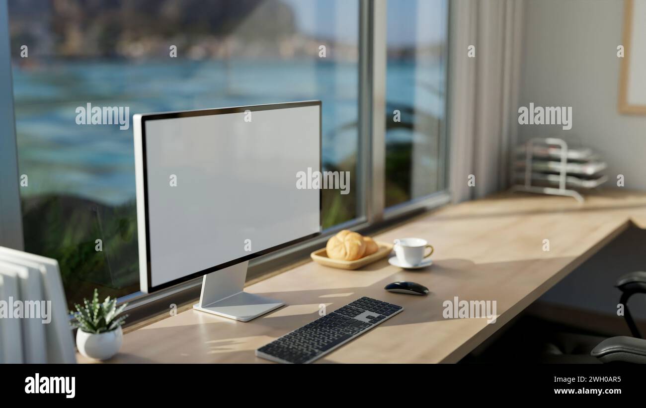 Side view image of a modern office workspace with a white-screen ...