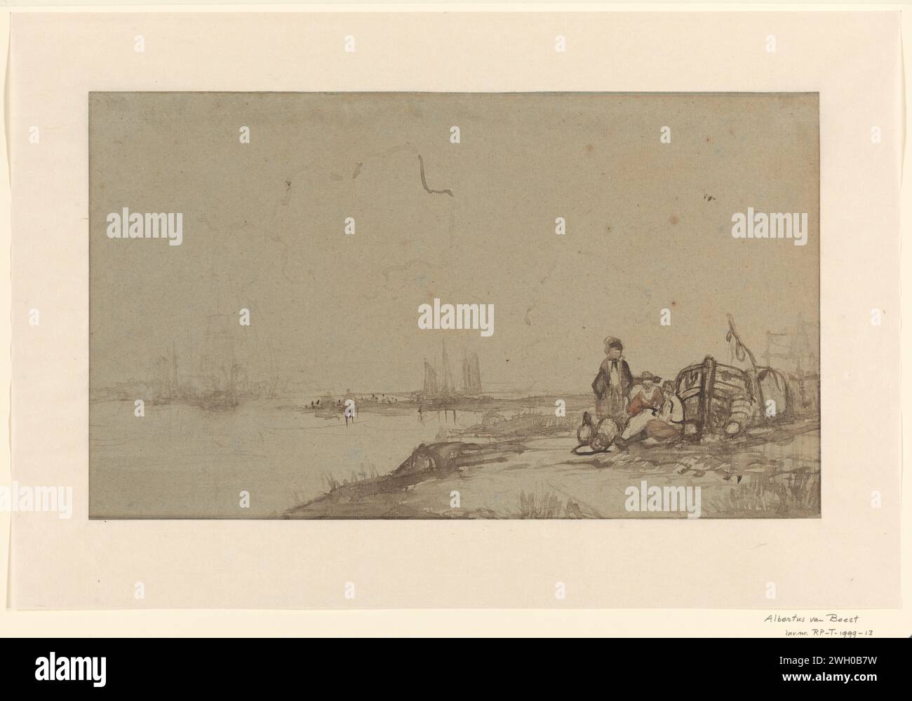 Figures in conversation on the banks of a sailed river, Albertus van ...