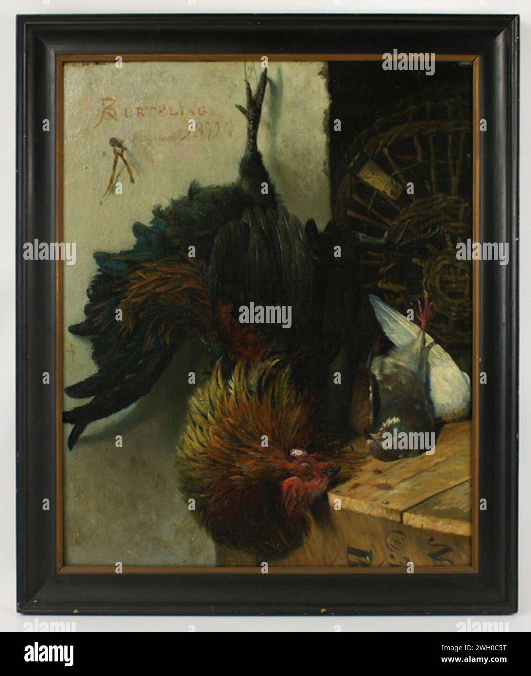 Bartus Korteling (1853-1930) - Stilleven met dode haan en duif op kist ...