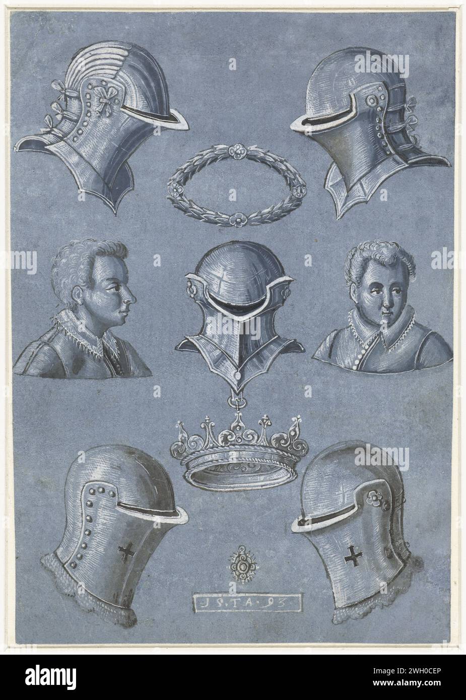 Five helmets leaf, a crown, a laurel wreath and two busts of young ...
