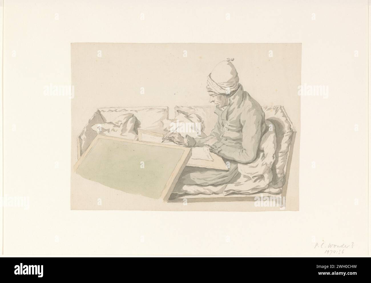 Draftsman with sleeping cap on, working on a bank, Pieter Christoffel ...