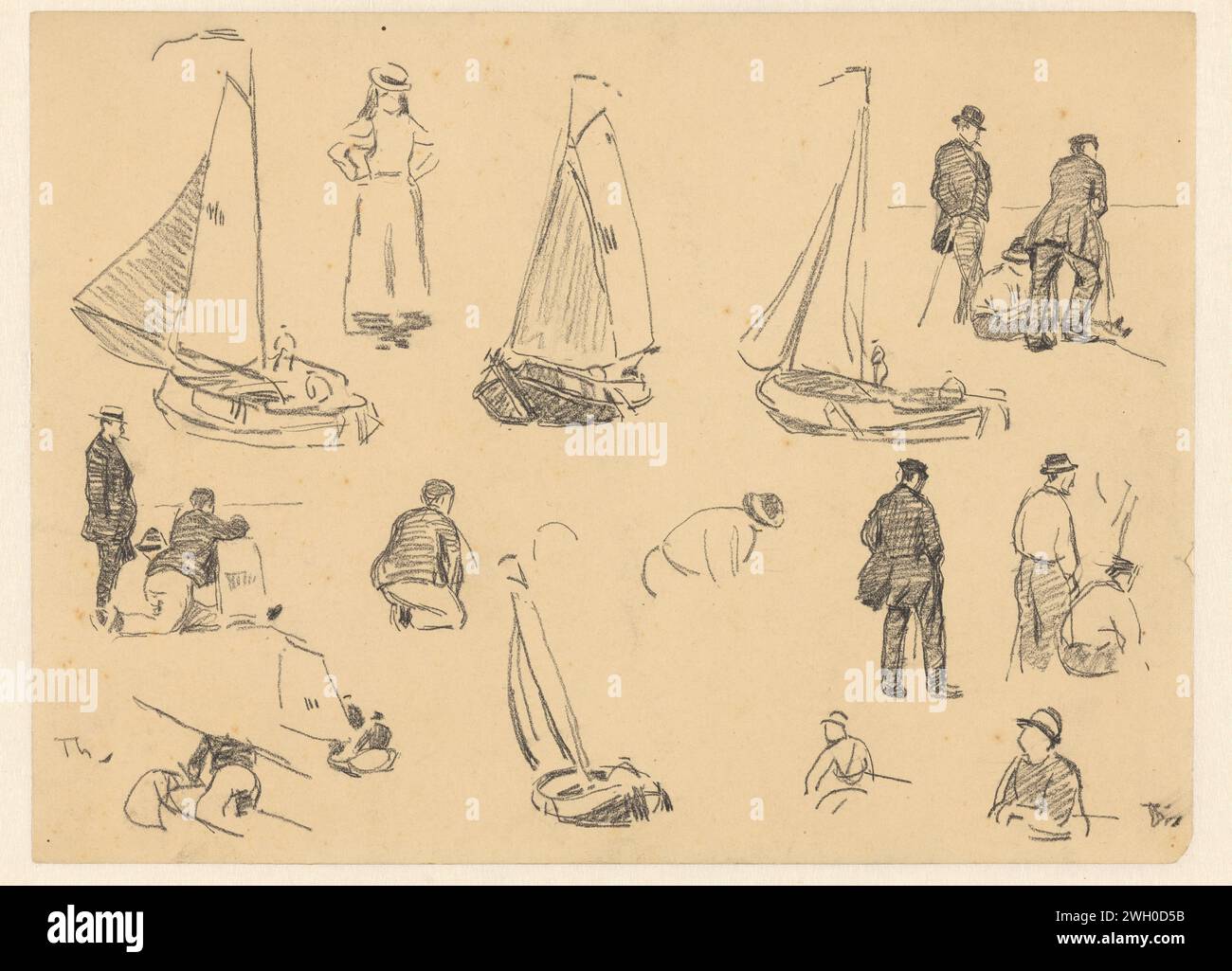 Study sheet with various figure studies and fishing boats, Willem ...
