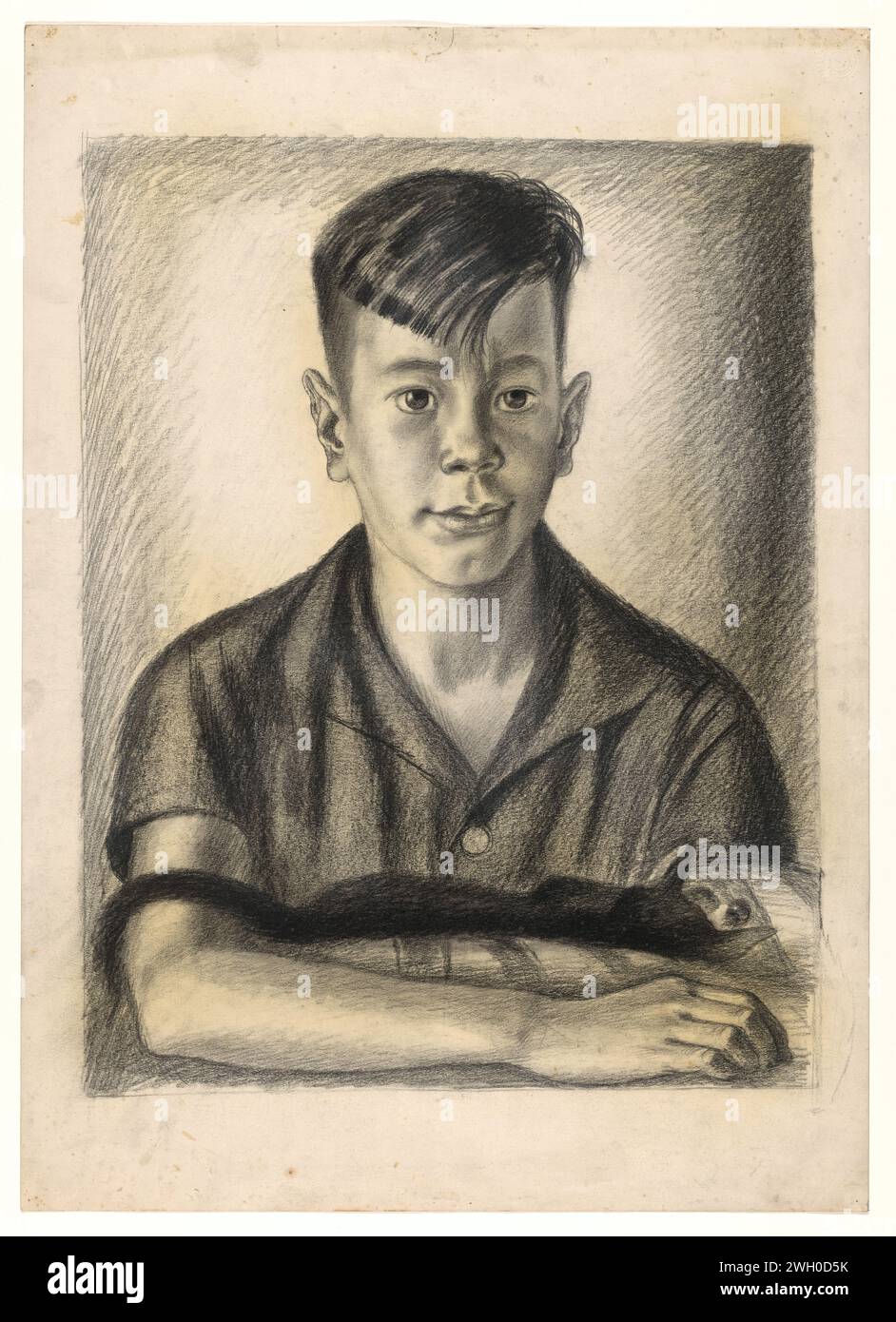 Boy with a cat in his arms, 1913 - 1945 drawing paper. chalk boy (child ...