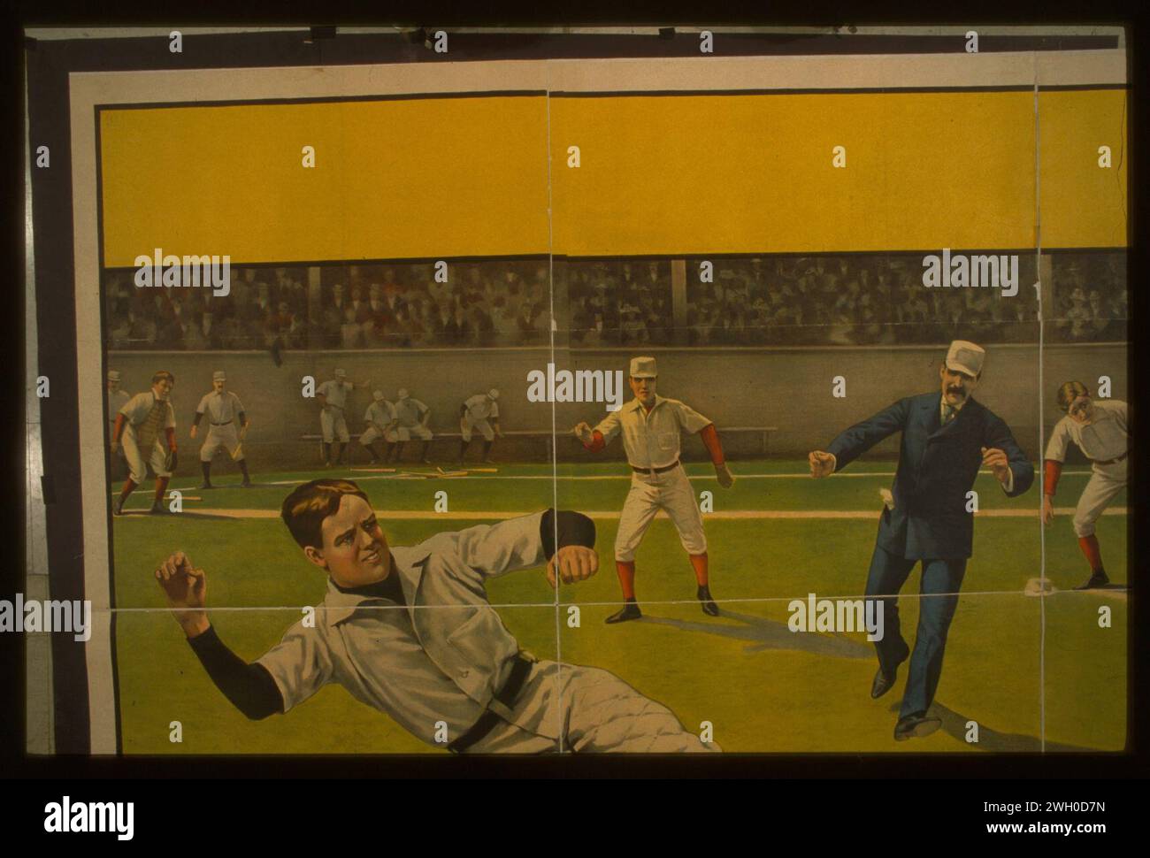 Baseball player sliding into second base as throw arrives from third ...