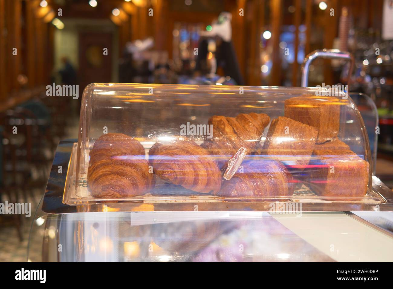 vertical sho or fresh baked croissant in a glass transparent container ...