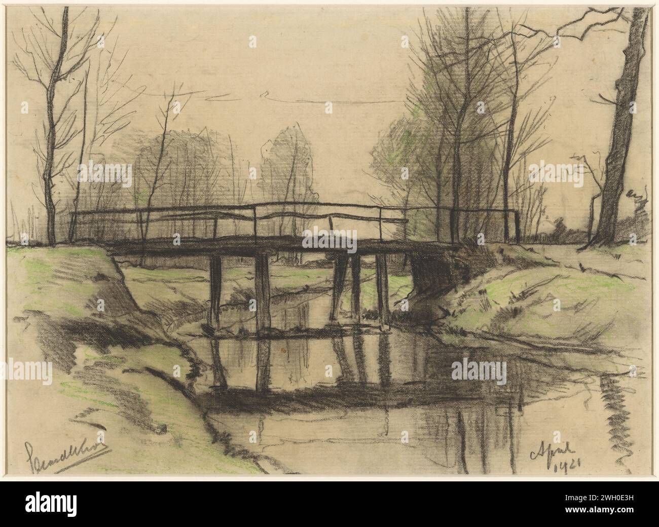 Bridge over a ditch, Gerard Krol, 1921 drawing paper. chalk landscape ...