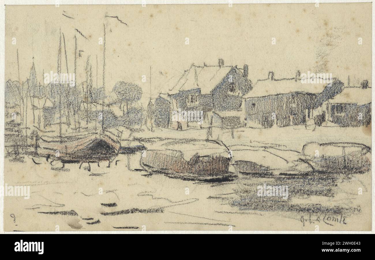 Harbor, Adolf Le Comte, 1860 - 1921 drawing paper. chalk harbour Stock ...