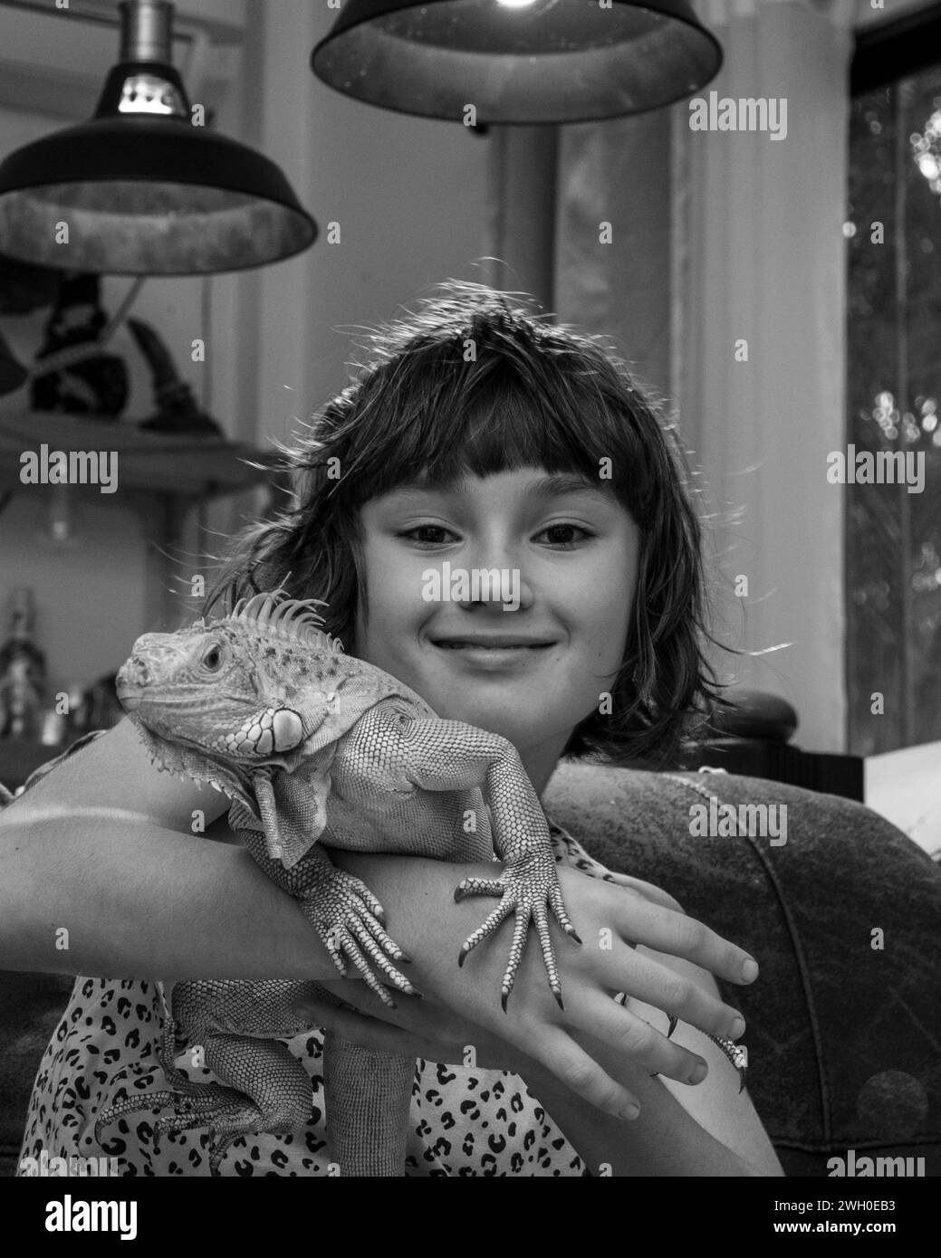 A girl holds a large iguana in her arms. Reptile in human hands Stock ...
