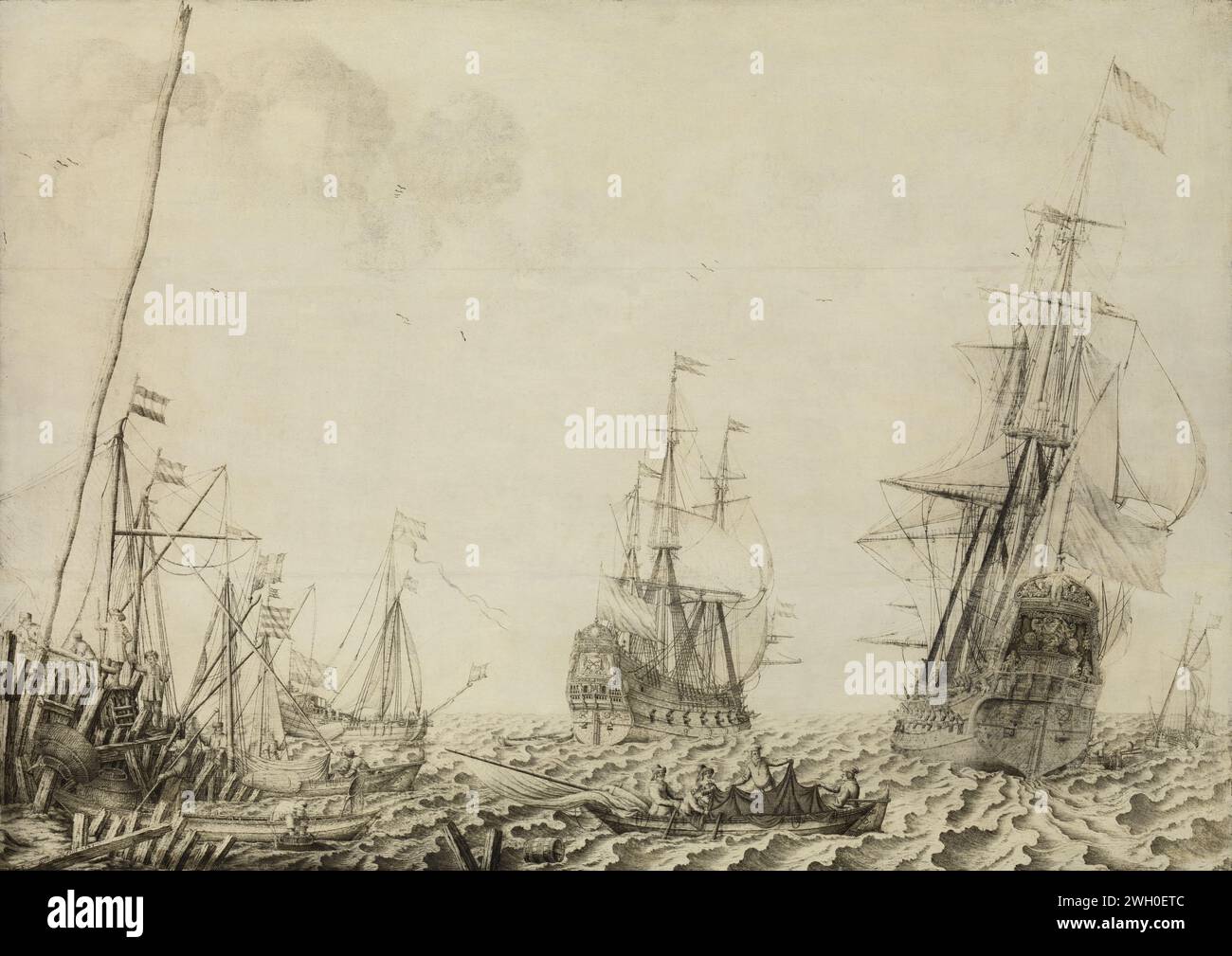 Ships near a Harbor, Experiens Sillemans, 1649 painting Seascape with ...