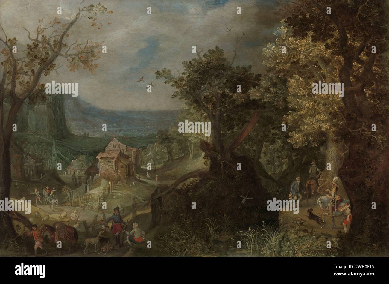 Hunter and Horsemen on a Wooded Road, with a Village in a Valley beyond ...